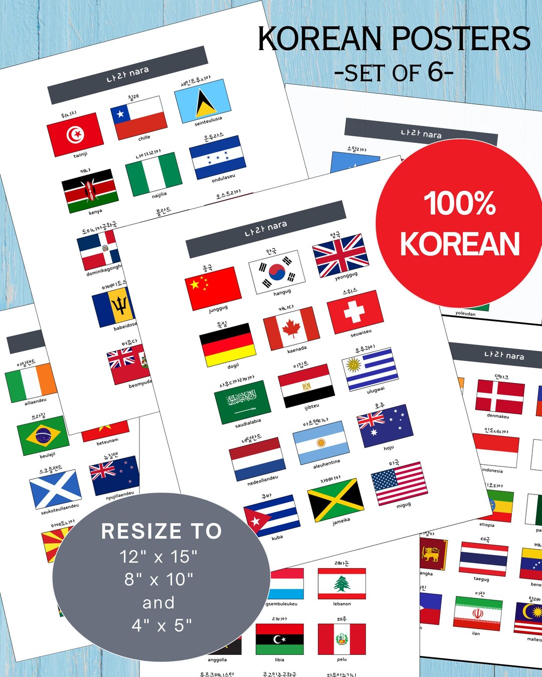 Educational Korean Learning Set of 6 Digital Download 90 COUNTRY FLAGS ...