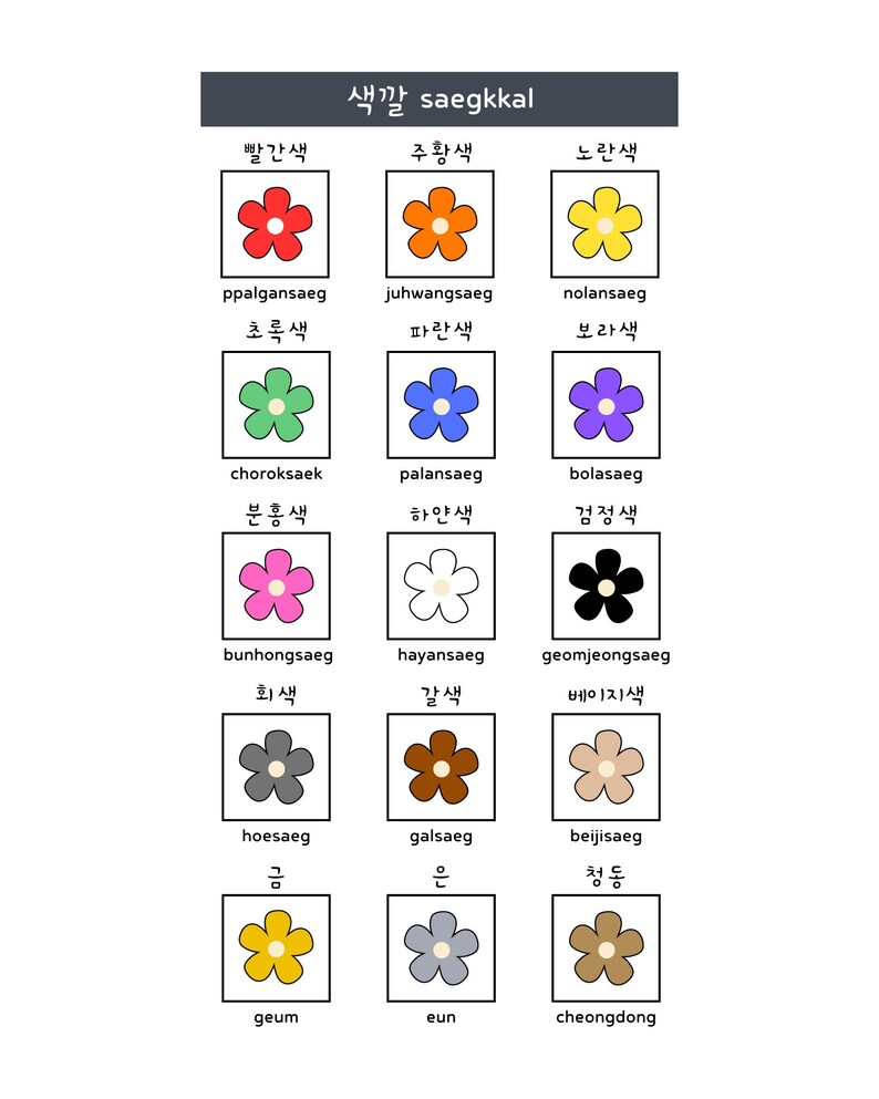 Educational Korean Learning Digital Download COLOURS Vocabulary Korean ...