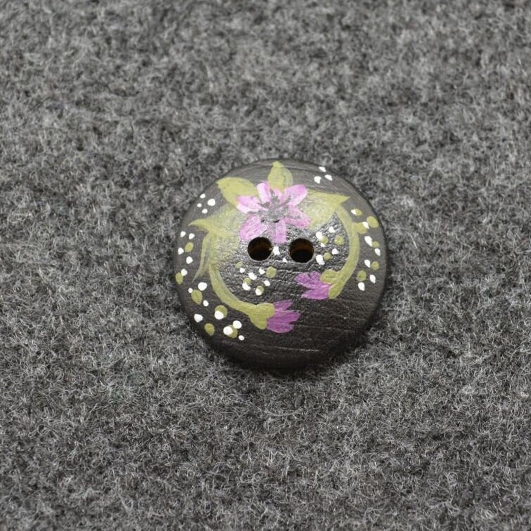 Black Hand Painted Wooden Button With Violets and White “flowers” – 2 ...