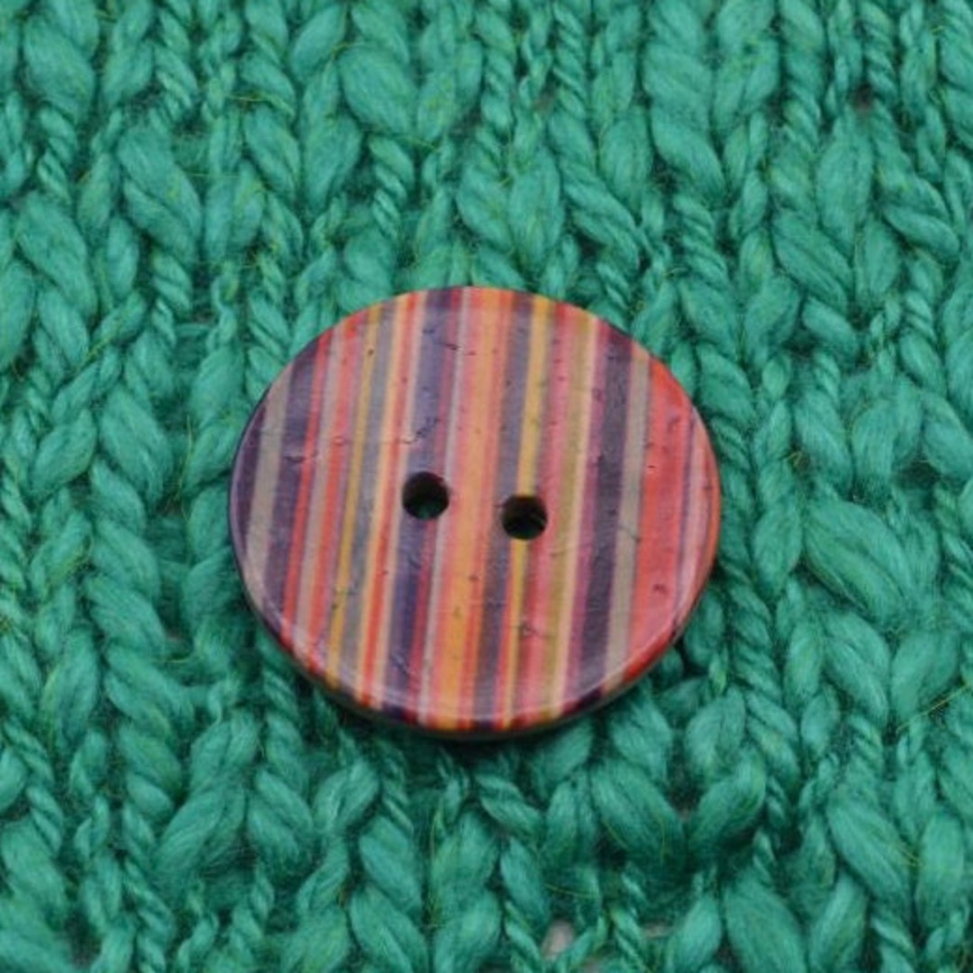 Striped Coconut Shell Button Showing Blue Purple Teal Yellow Green and ...