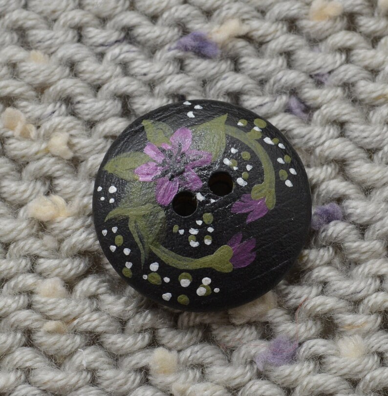 Black Hand Painted Wooden Button With Violets and White “flowers” – 2 ...
