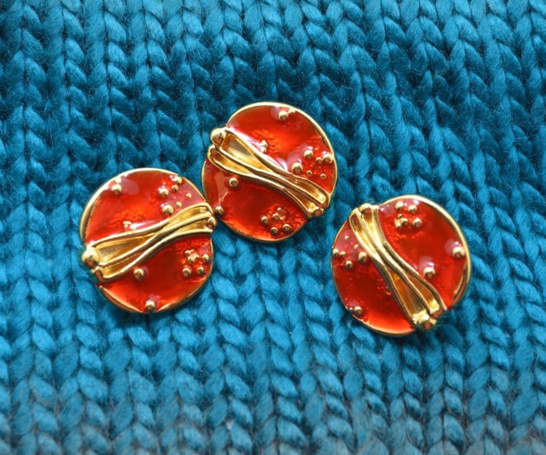 Irregular Oval Shaped Shiny Red Enamel Button With Bright Gold Accents ...
