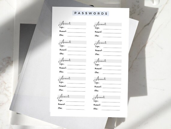 Password List Printable PDF Never Forget Your Passwords - Etsy
