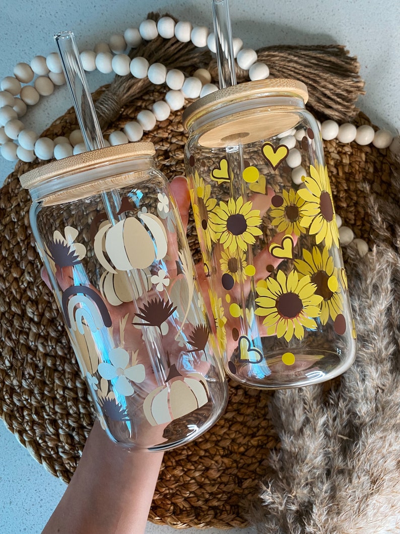 Sunflower Glass Can Cup Fall/summer Glass Can Cup Iced - Etsy