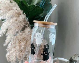 HALLOWEEN GHOST Glass Can Cup W/ Bamboo Lid & Straw Iced - Etsy