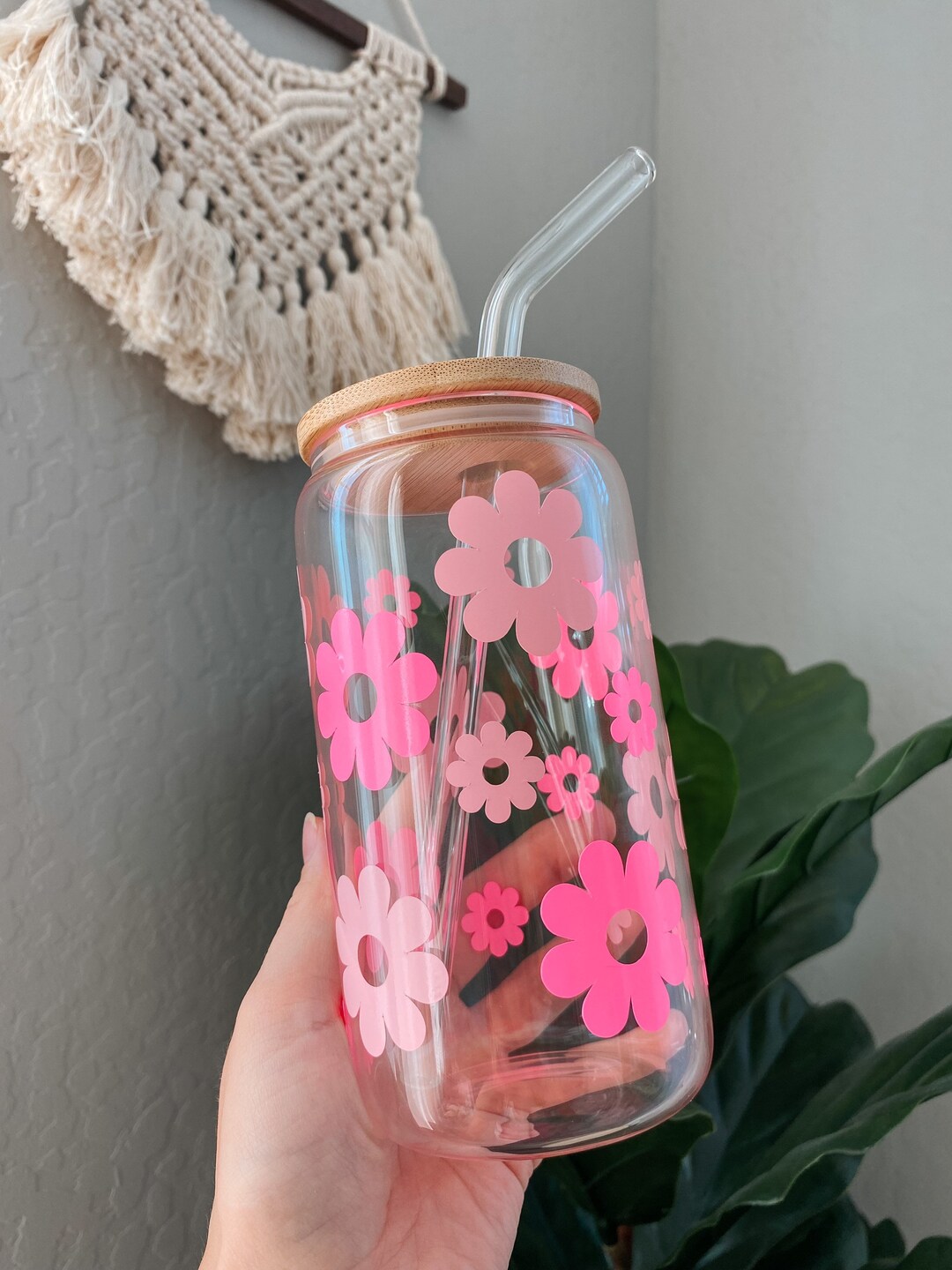 PINK Groovy Retro Flowers Glass Cup | Glass Can Cup | Iced Coffee Cup ...