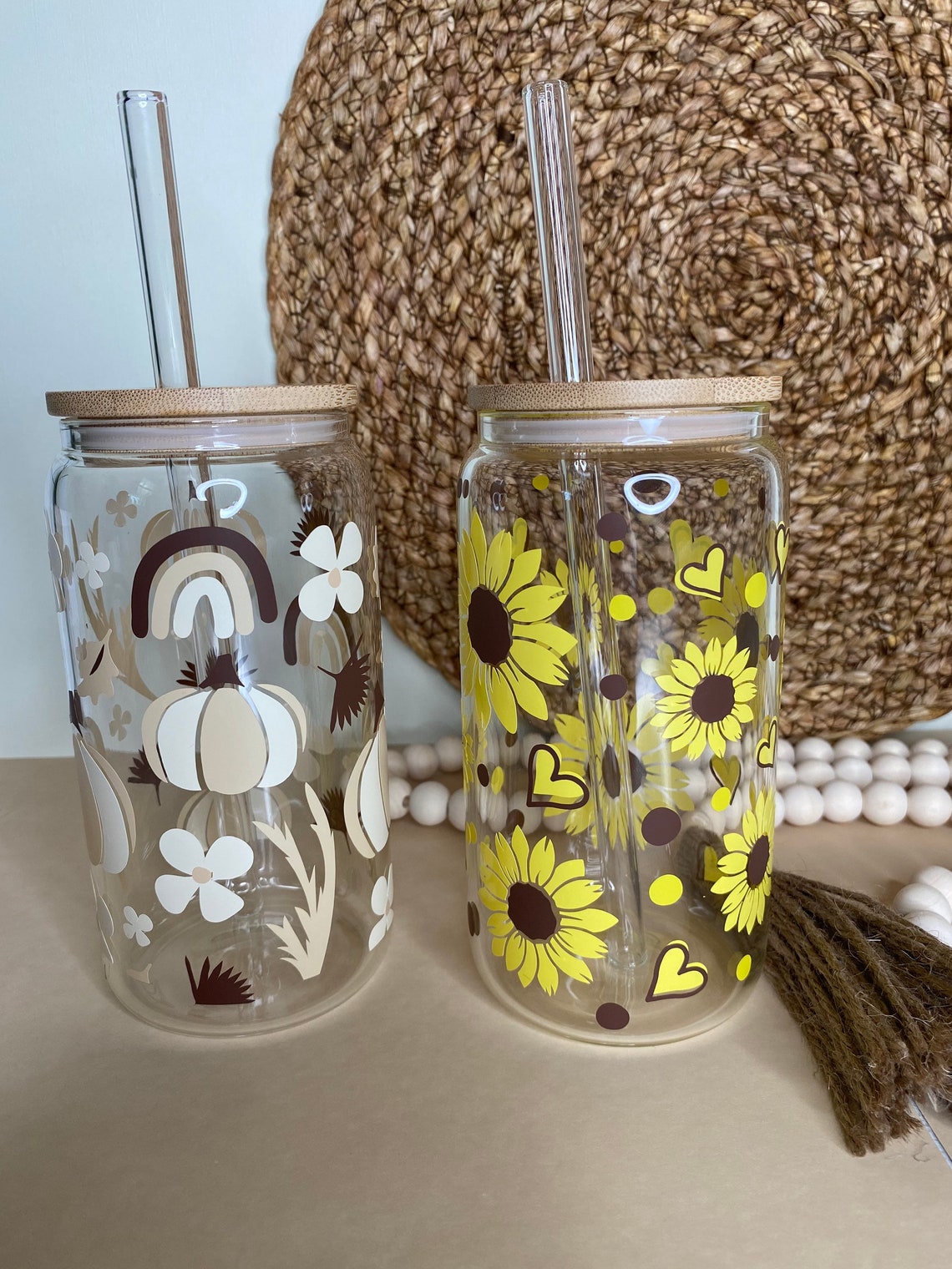 Sunflower Glass Can Cup Fall/summer Glass Can Cup Iced - Etsy