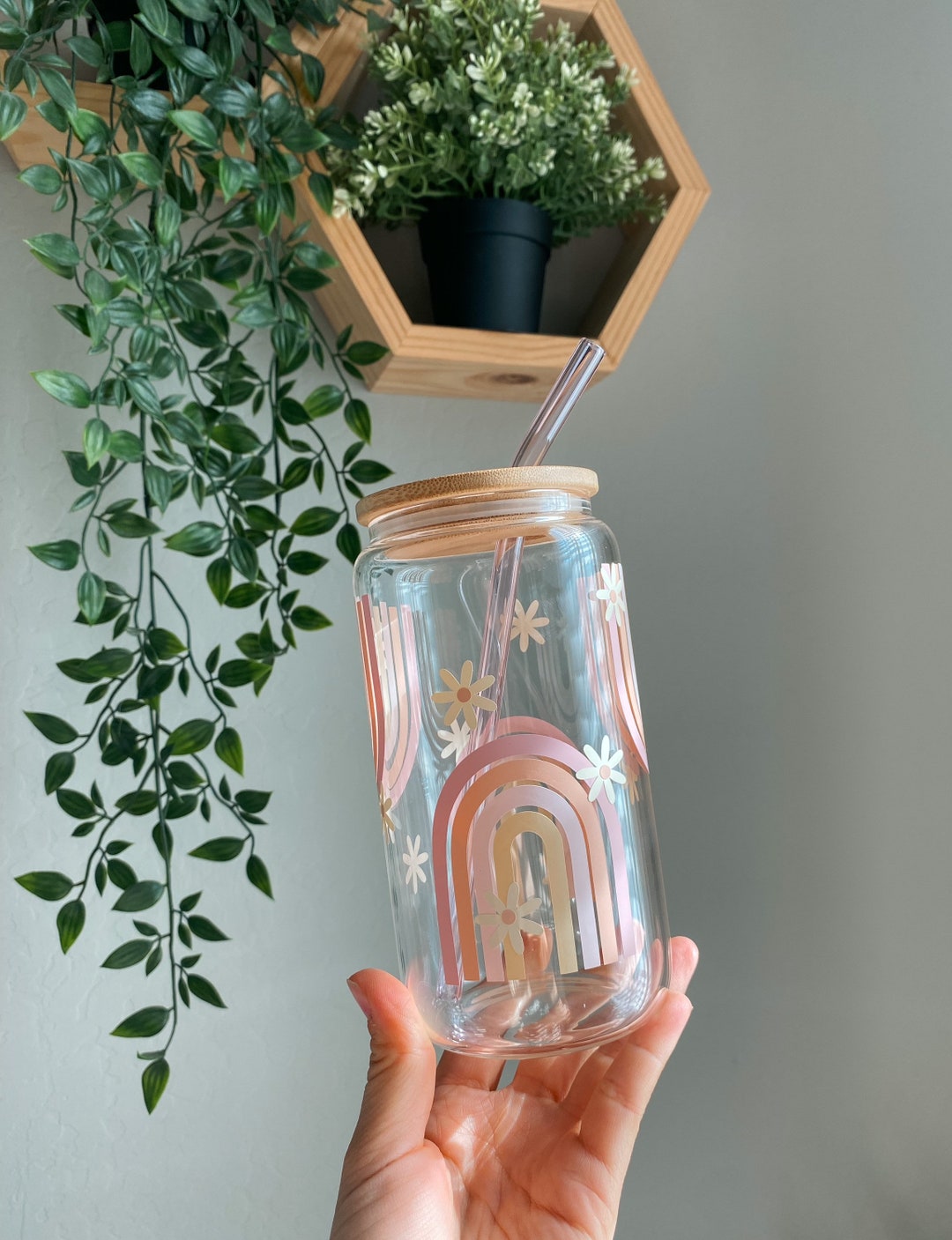 Boho Rainbow Flower Glass Can Cup Cute Cup Gifts for Her Cute Glass Can ...