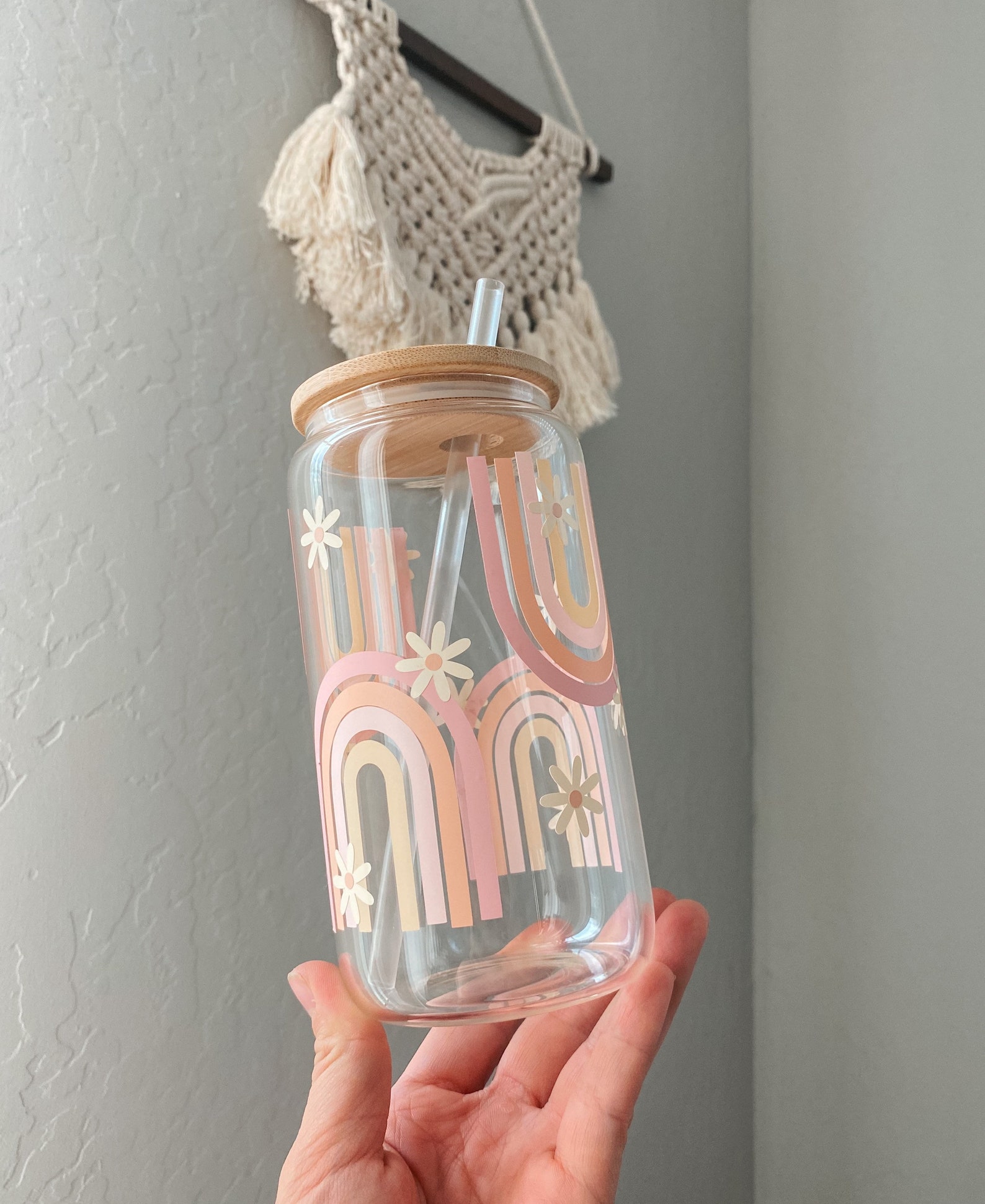 Boho Rainbow Flower Glass Can Cup Cute Cup Gifts for Her - Etsy