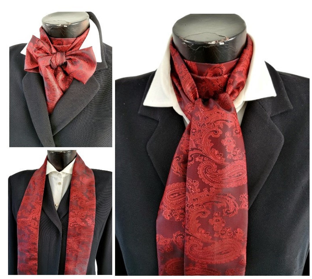 Burgundy Red Silky Paisley Long Cravat Self Tie Neck Scarf Ascot Multi ...