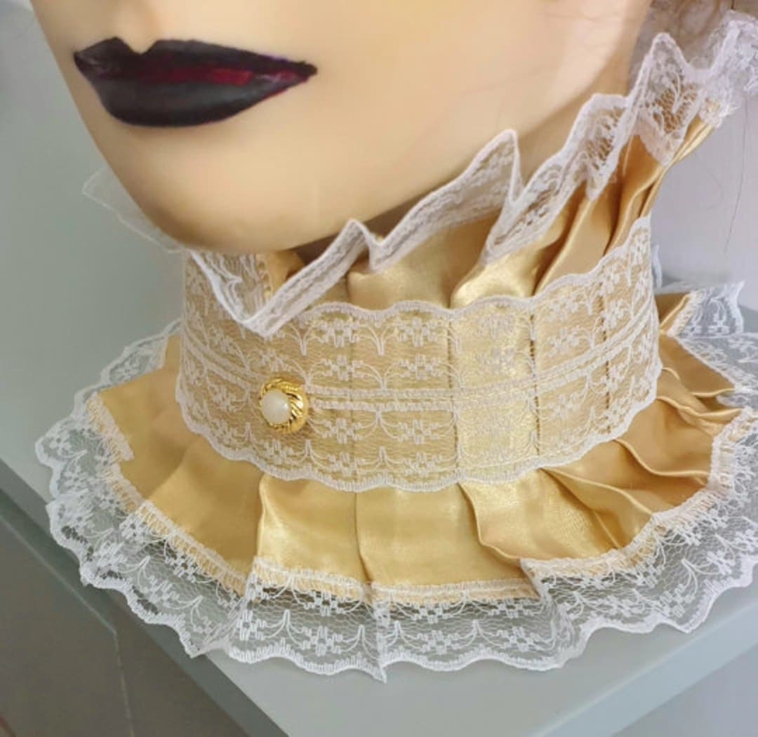 Gold Silky Satin Choker Collar With White Lace - Gold & Pearl Centre ...