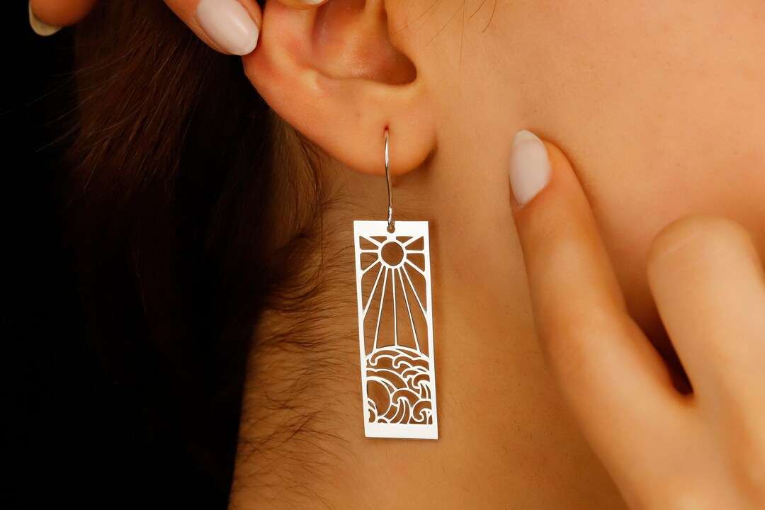 Sun and Ocean Wave Earrings | Water Element Dangle Earrings | Gold ...