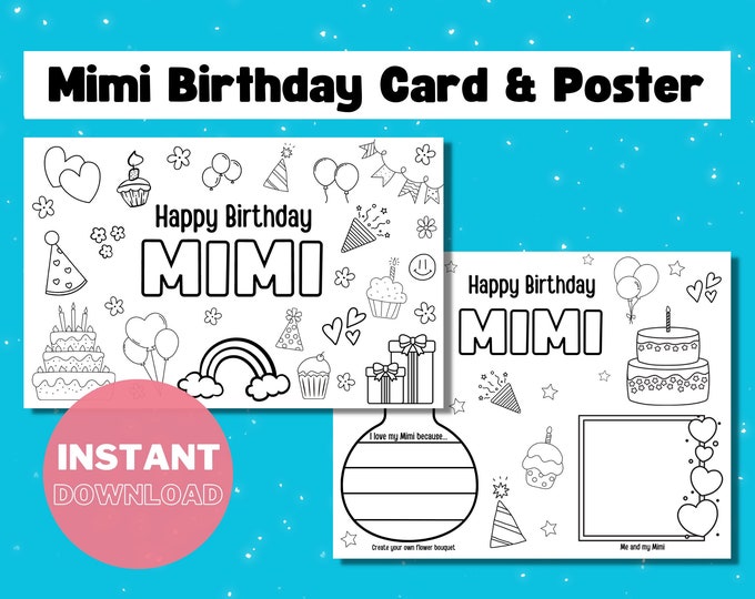 Mimi Printable Coloring Birthday Card for Mimi Grandma Birthday Card ...