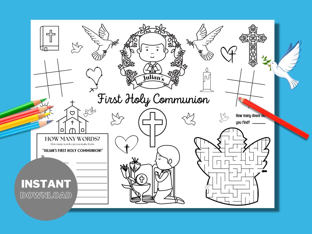 Custom First Communion Coloring Page Activity Printable, Boy Communion ...