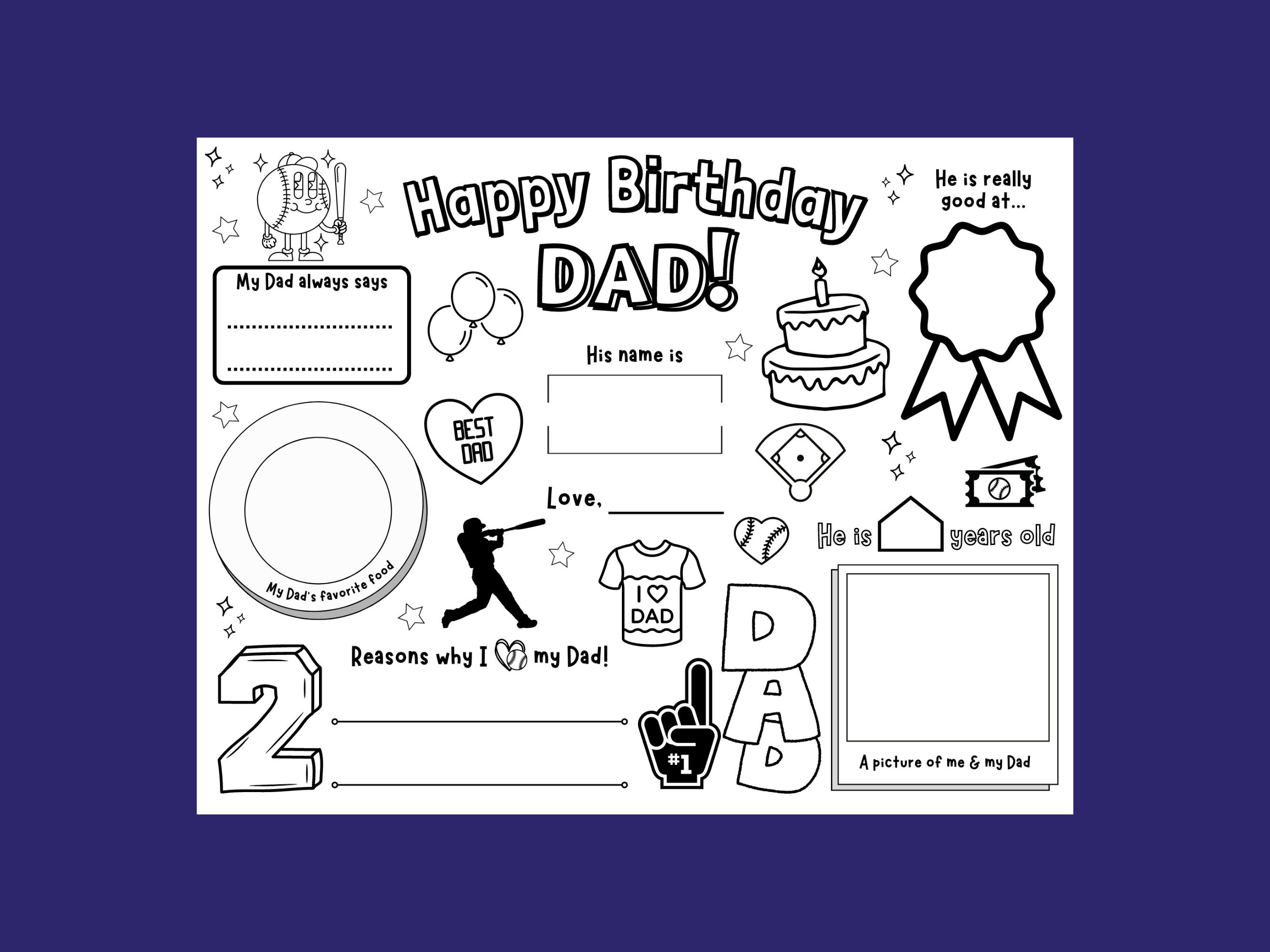 Printable Baseball Dad Coloring Birthday Card, DIY Birthday Card Gift ...