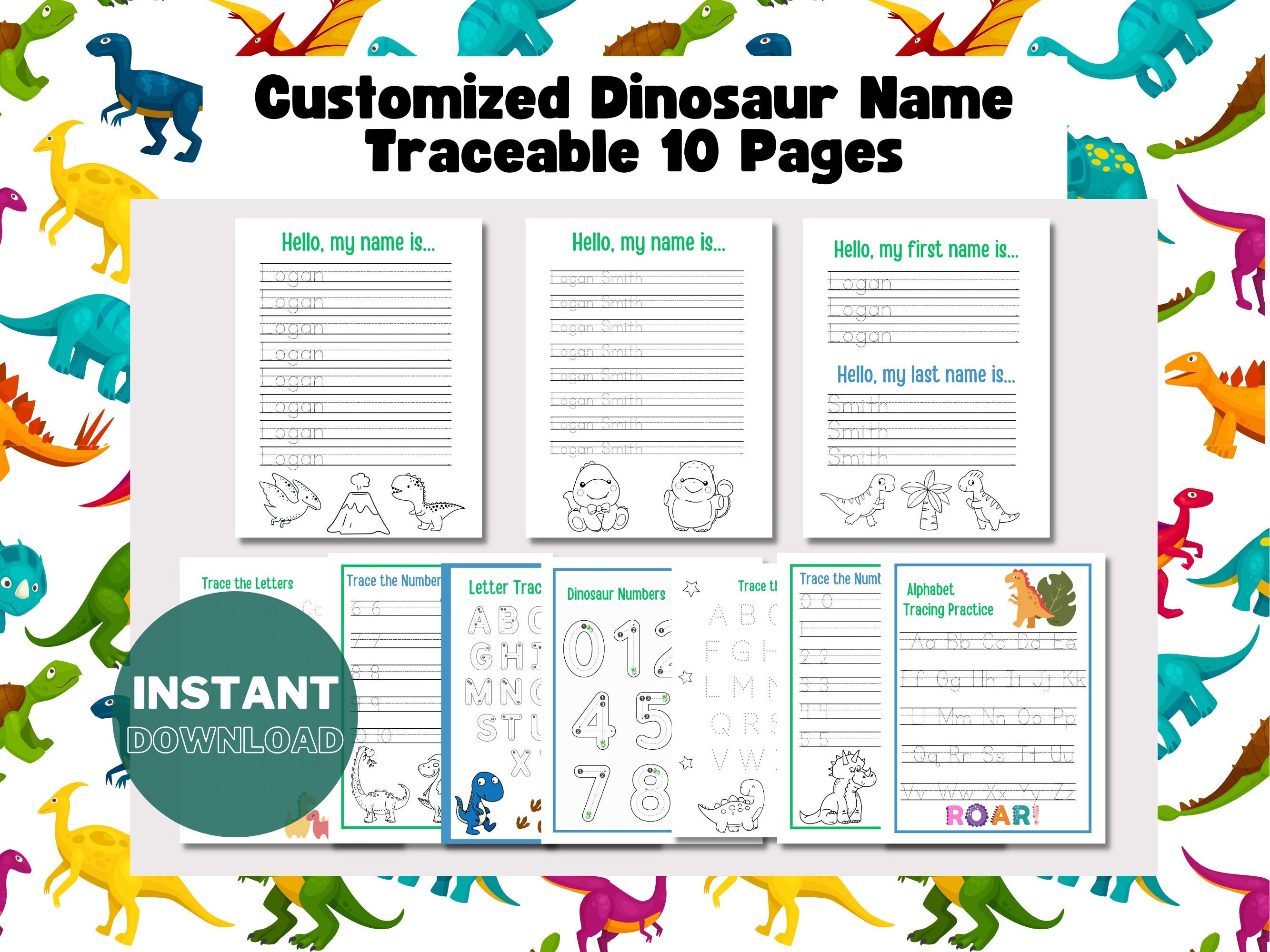 Custom Name Tracing Handwriting Practice Dinosaur Theme ABC Trace ...