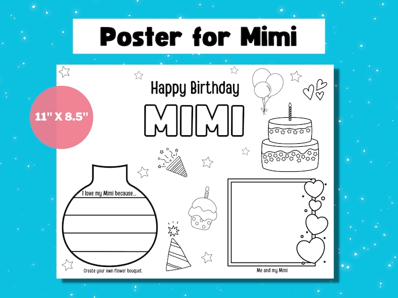 Mimi Printable Coloring Birthday Card DIY Birthday Card Gift Kids Gift ...