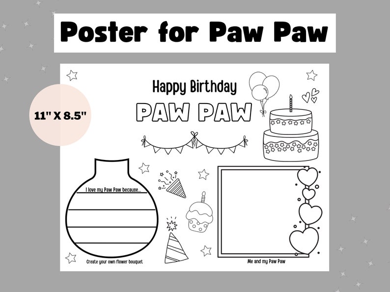 Printable Birthday Card for Paw Paw: Kids Coloring DIY (PDF) - Etsy