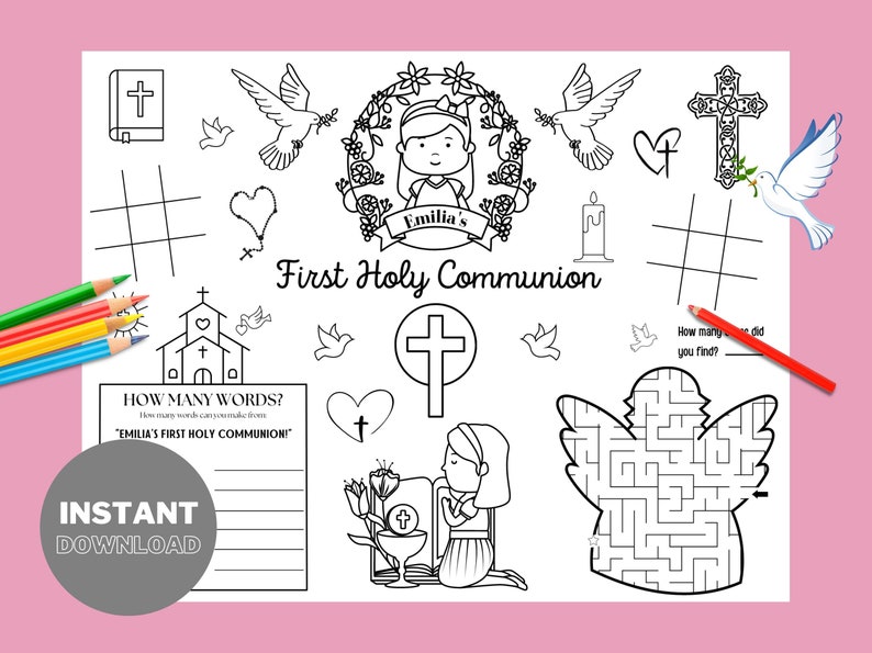 Custom First Communion Coloring Page Activity Printable, Girl Communion ...