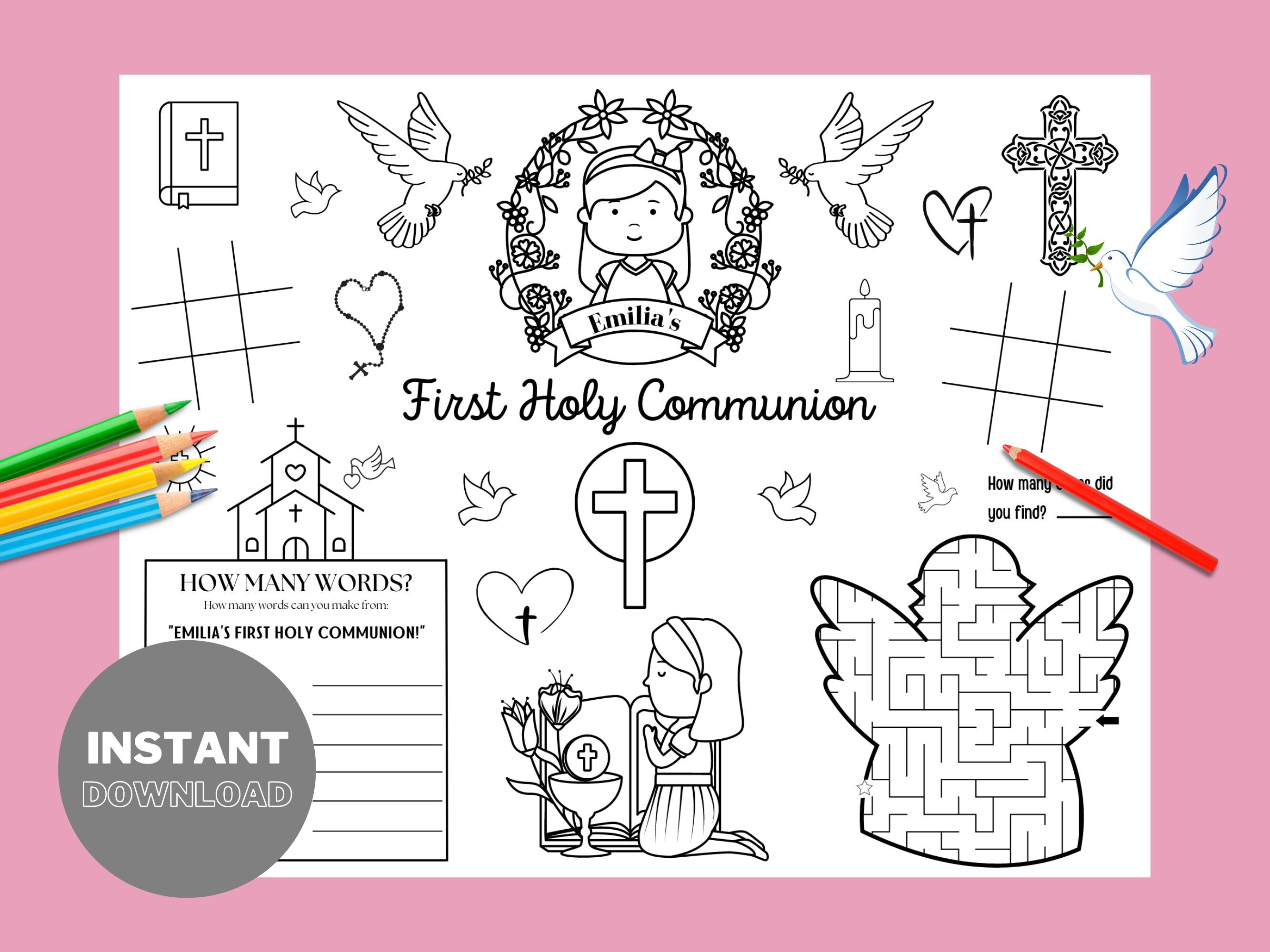 Custom First Communion Coloring Page Activity Printable, Girl Communion ...