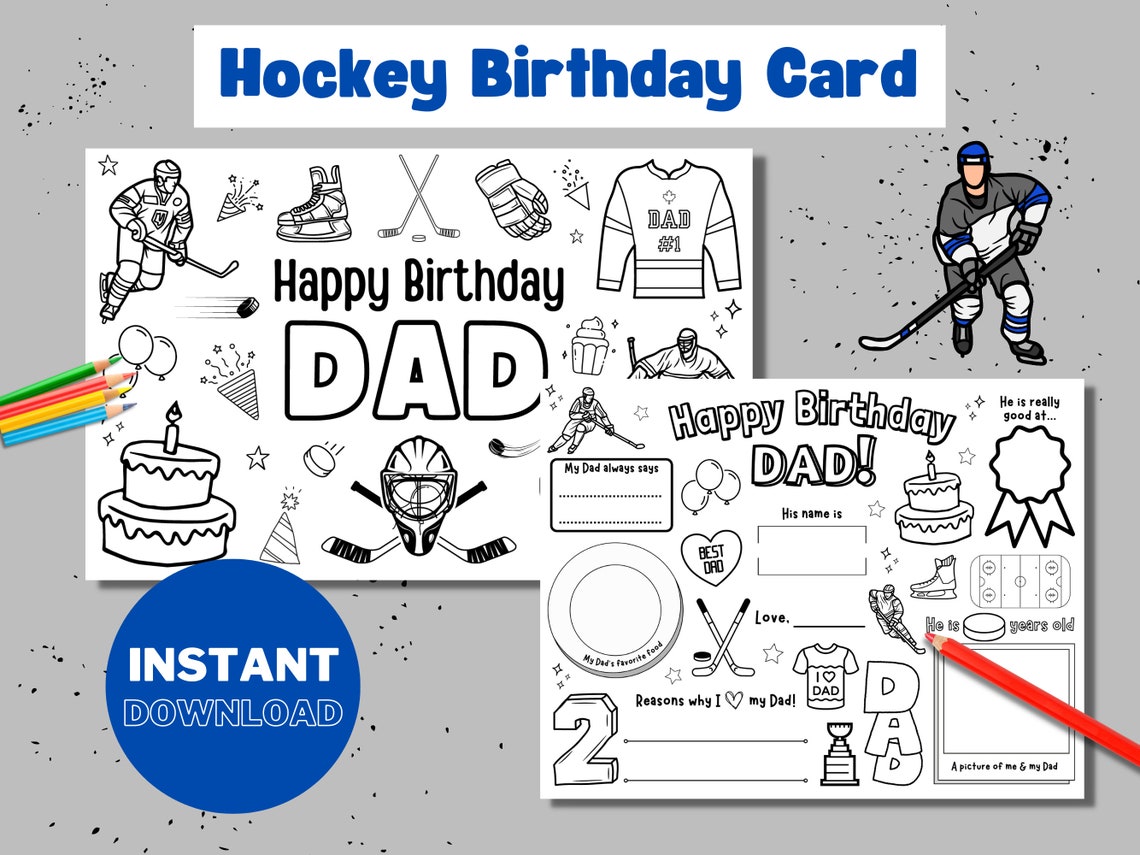 Printable Hockey Dad Coloring Birthday Card, Dad Birthday Card DIY Gift ...