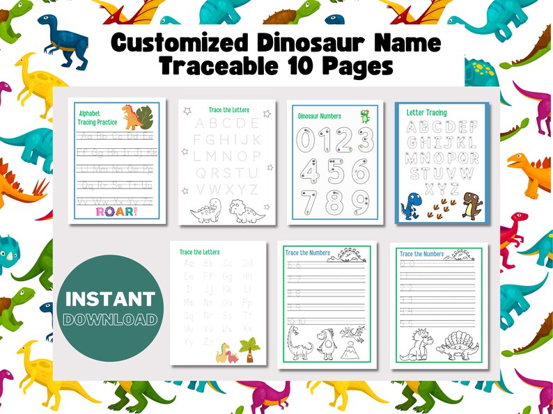 Custom Name Tracing Handwriting Practice Dinosaur Theme ABC Trace ...