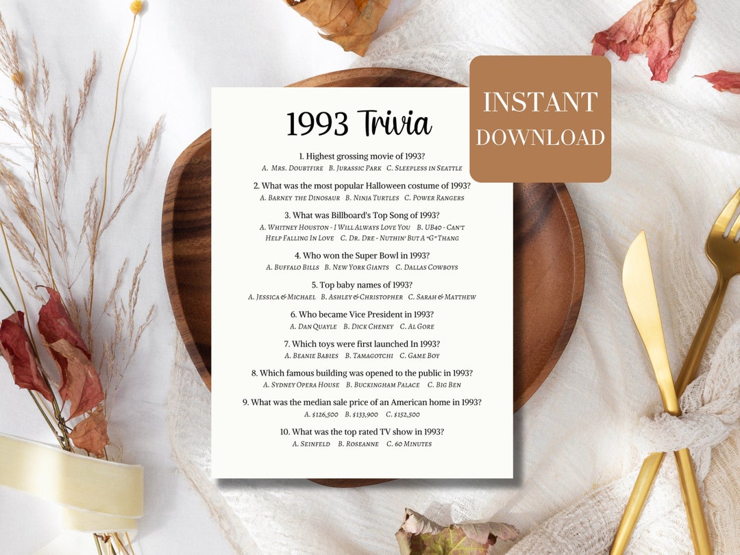 30th Birthday Trivia Game, 30 Birthday Party Games, 1993 Birthday ...