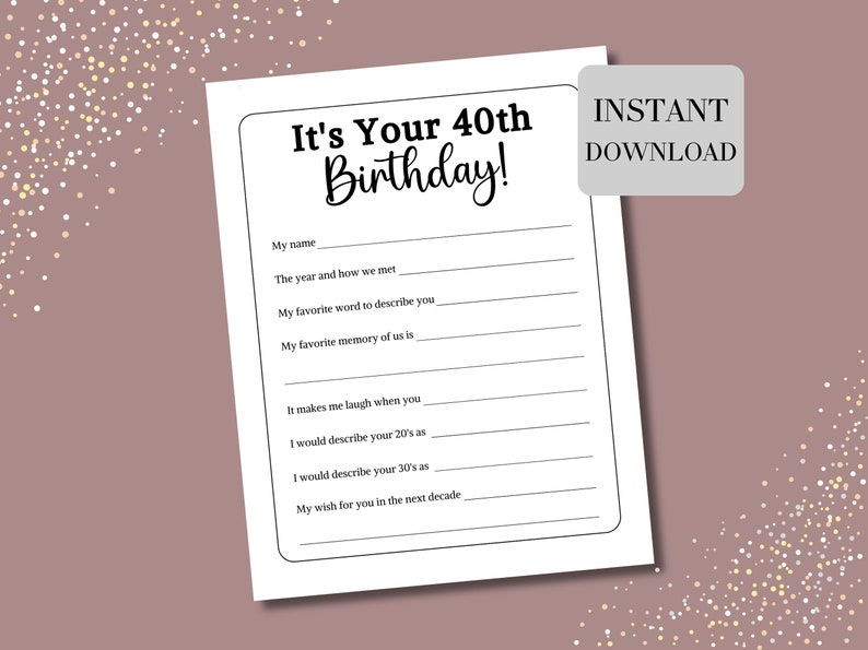 40th Birthday Fill-in-the-blank Game: Keepsake Party Activity (digital ...
