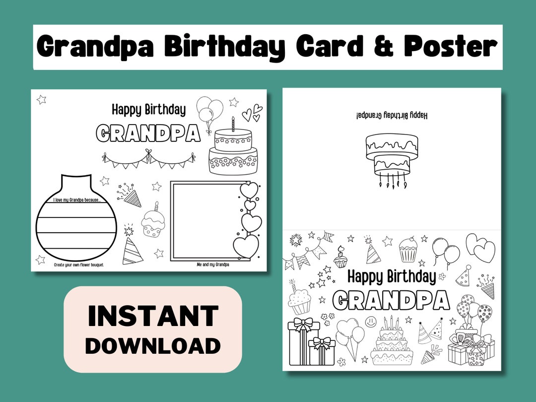 Printable Birthday Card for Grandpa: Kids Coloring DIY (digital ...