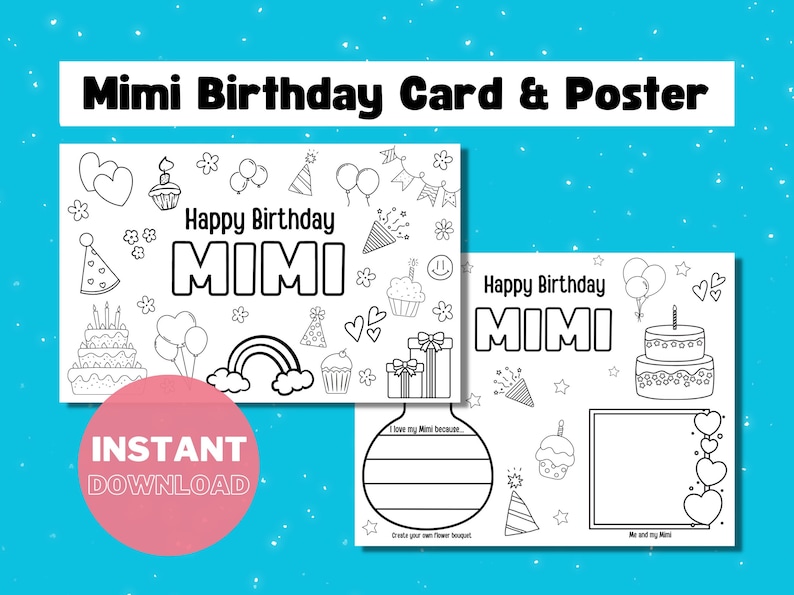 Mimi Printable Coloring Birthday Card DIY Birthday Card Gift Kids Gift for Mimi, Grandma ...