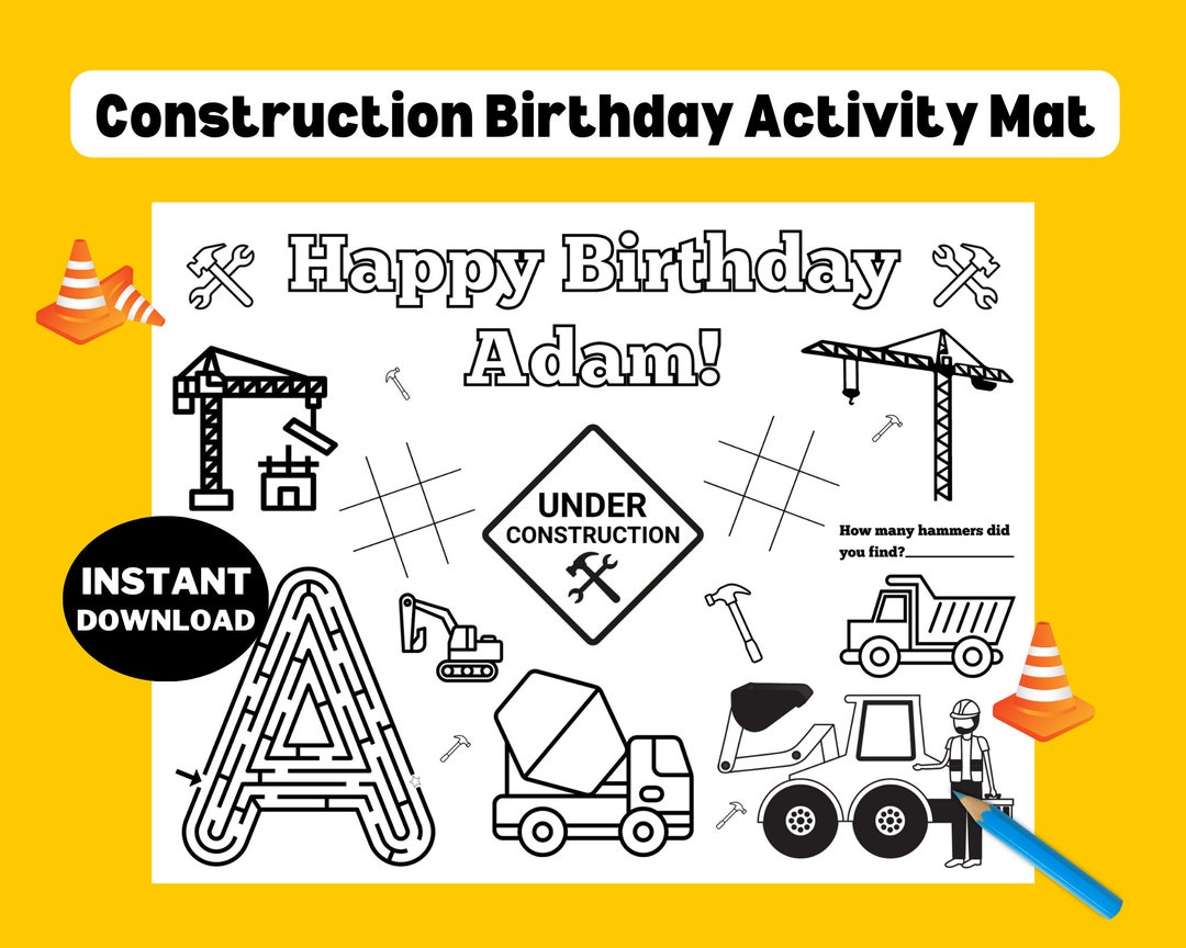 Construction Birthday Coloring Placemat: Personalized Activity (digital ...