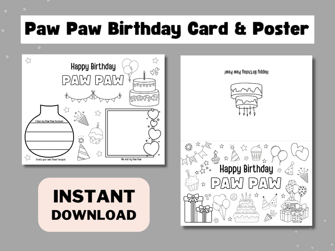 Printable Coloring Birthday Card for Paw Paw, Birthday Card DIY Kids ...