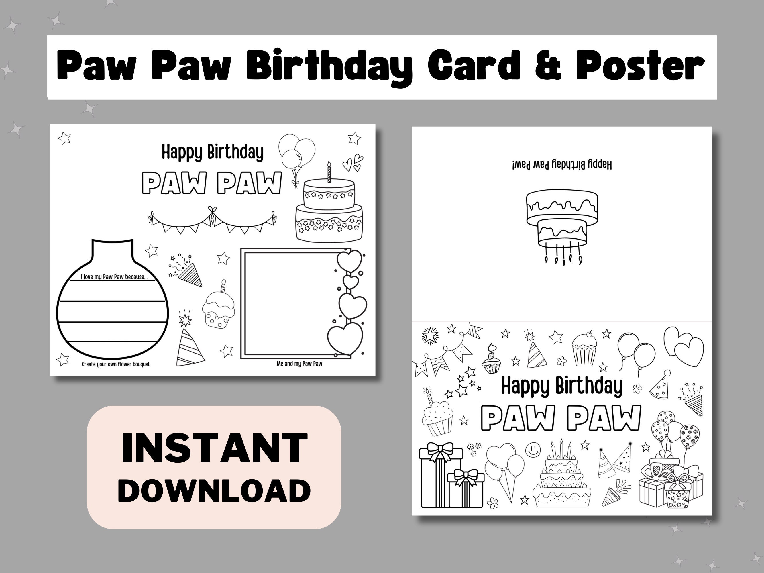 Printable Birthday Card for Paw Paw: Kids Coloring DIY (PDF) - Etsy