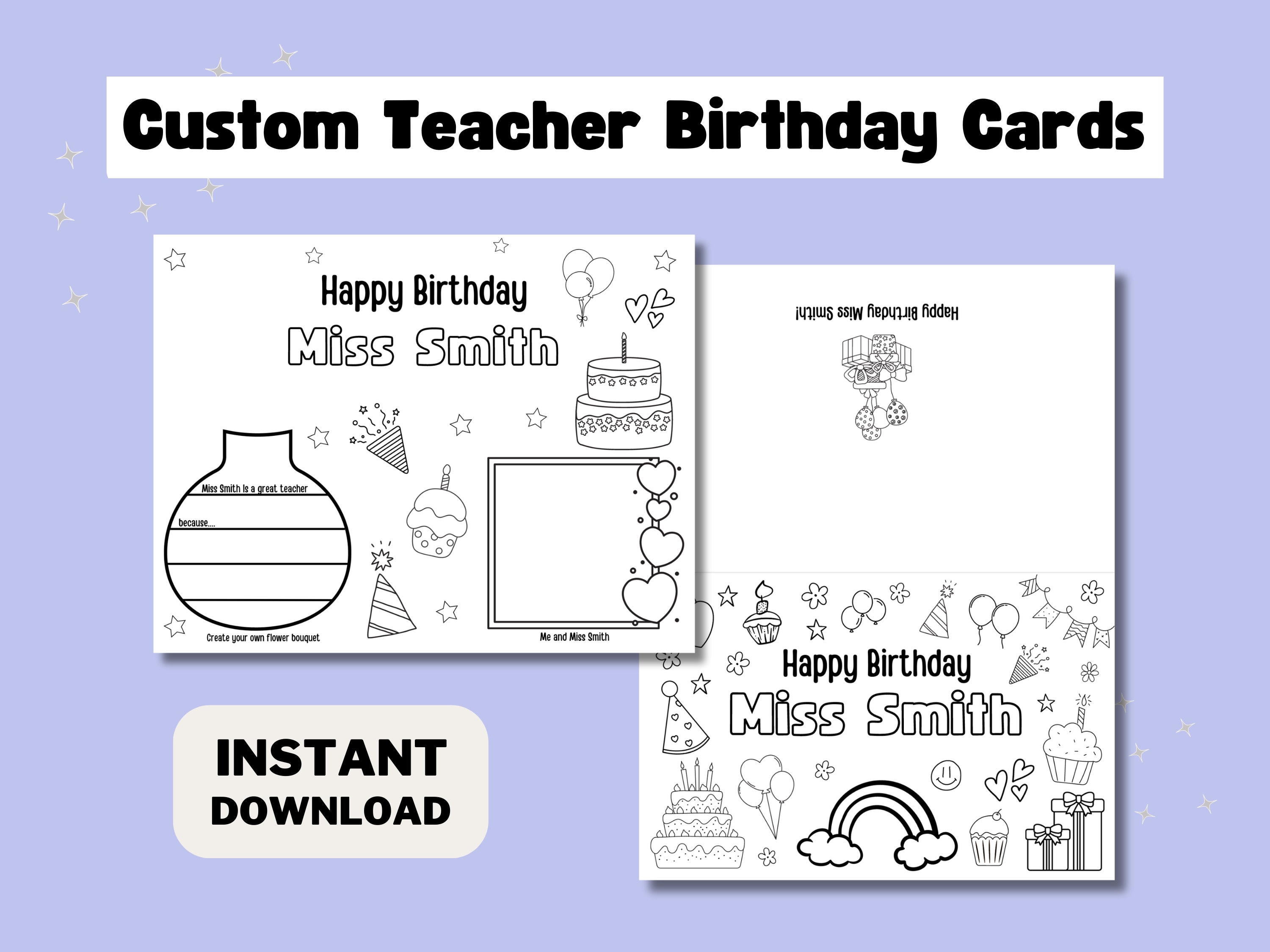 Printable Custom Coloring Birthday Card for Teacher Birthday Card DIY ...