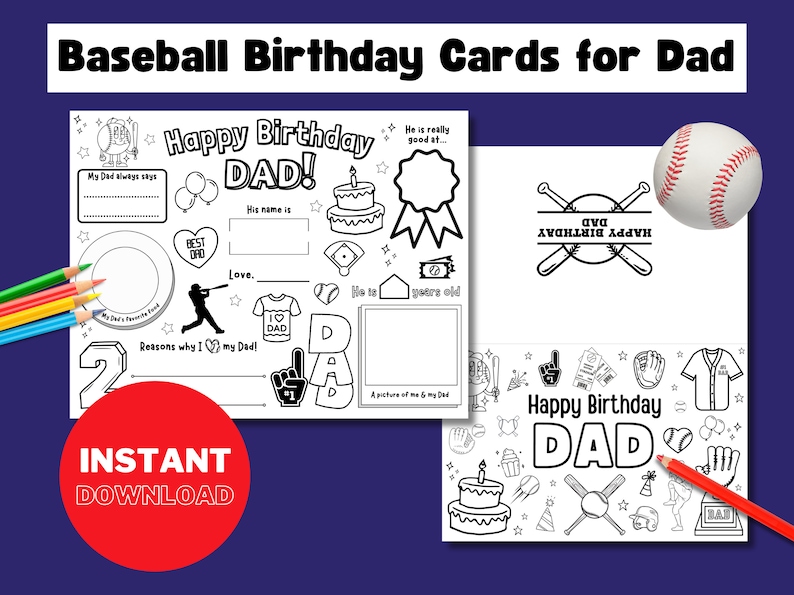Printable Baseball Dad Coloring Birthday Card, DIY Birthday Card Gift ...