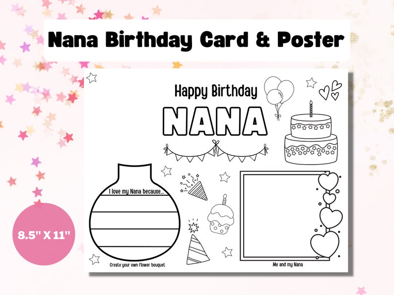 Printable Coloring Birthday Card for Nana, DIY Birthday Card Kids Gift ...