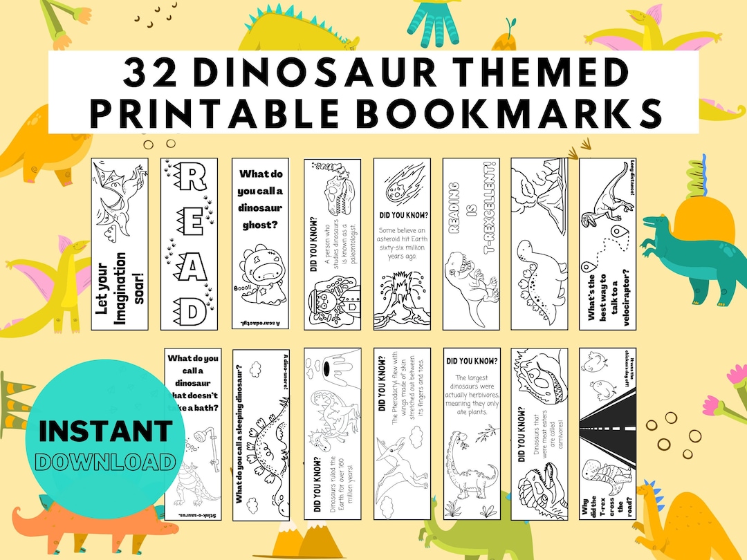 Dinosaur Bookmarks for Kids, Printable Dinosaur Party Favors, Printable ...