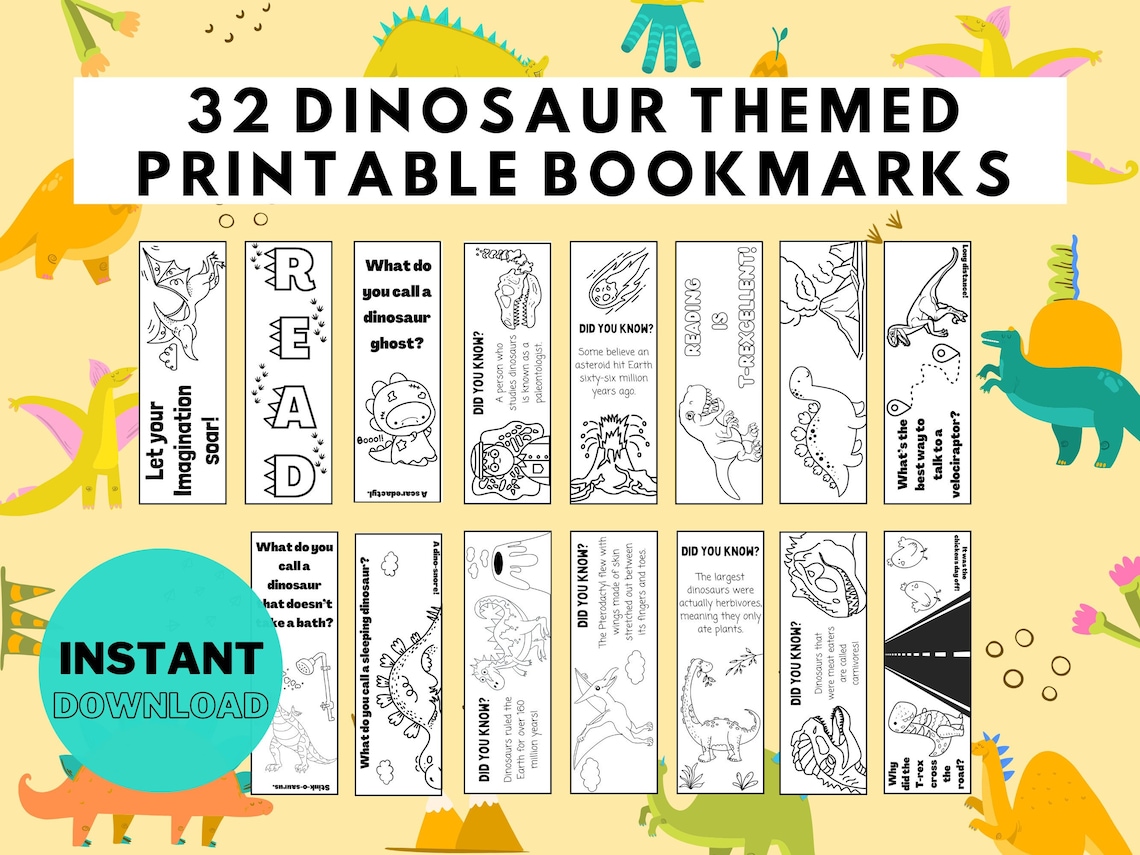 Dinosaur Bookmarks for Kids, Printable Dinosaur Party Favors, Printable ...