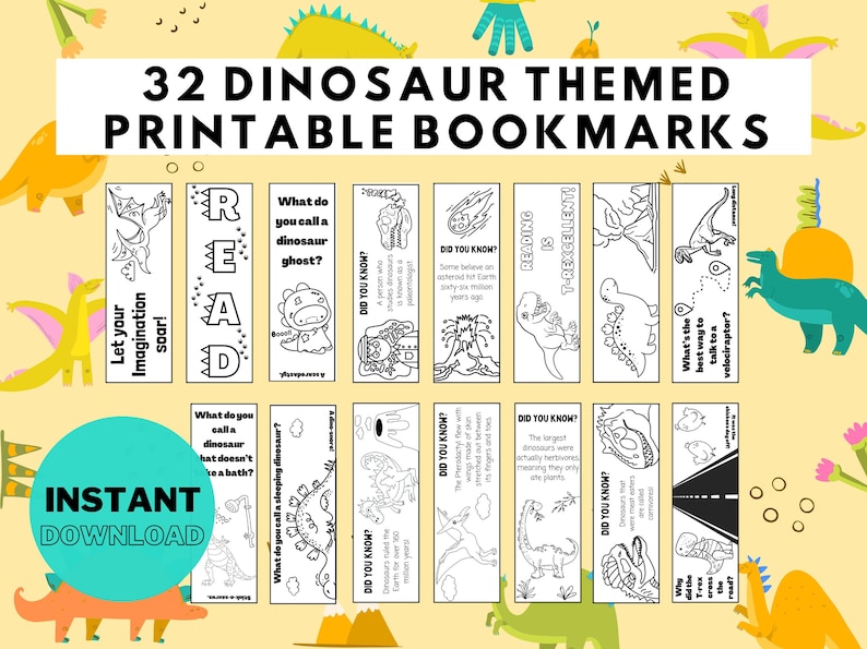 Dinosaur Bookmarks for Kids, Printable Dinosaur Party Favors, Printable ...