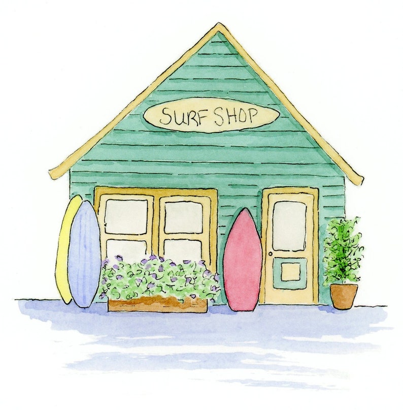 5x5 Surf Shop Watercolor and Ink Giclee Art Print - Etsy