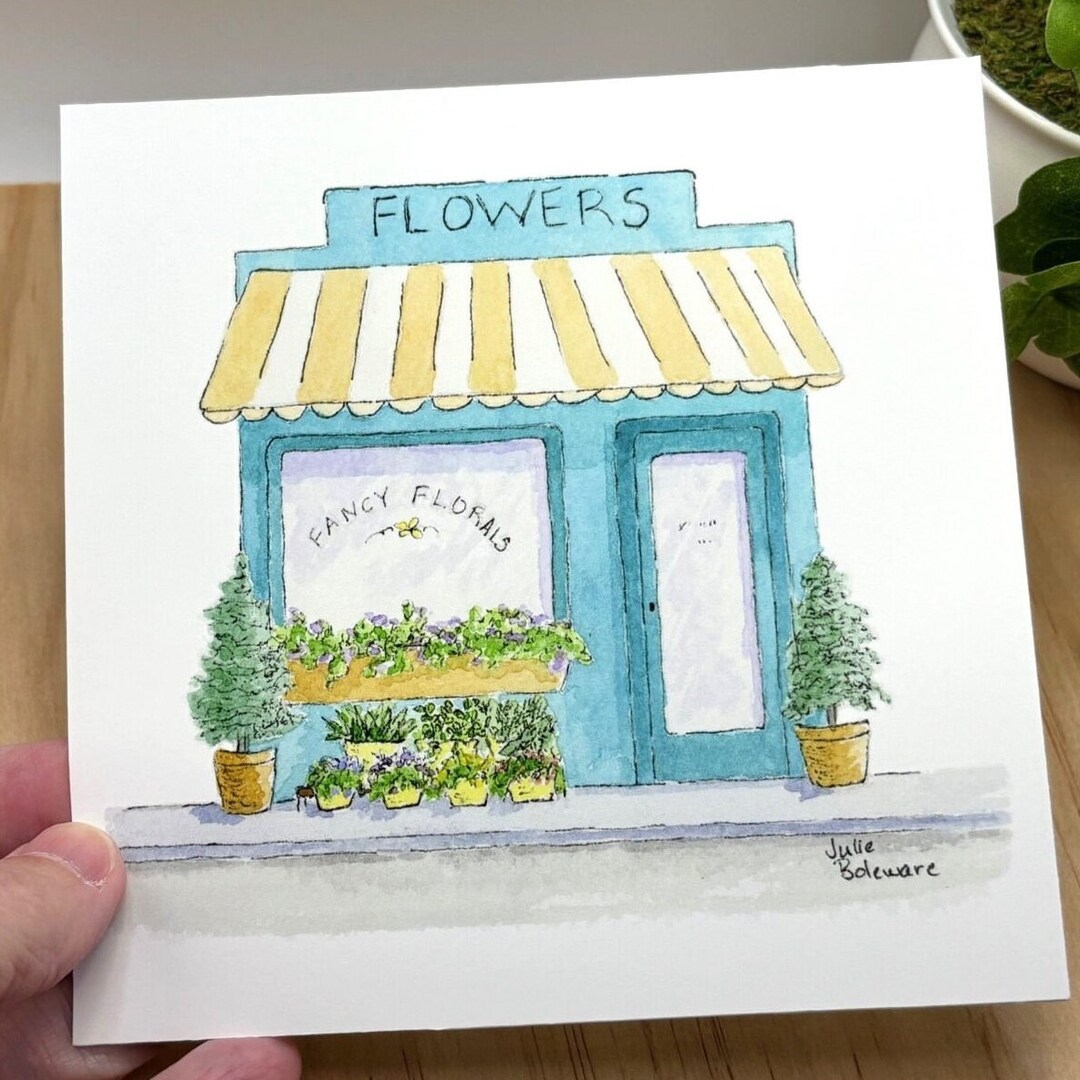 Flower Shop Art Print | 5x5 Watercolor and Ink Fine Art Giclee ...