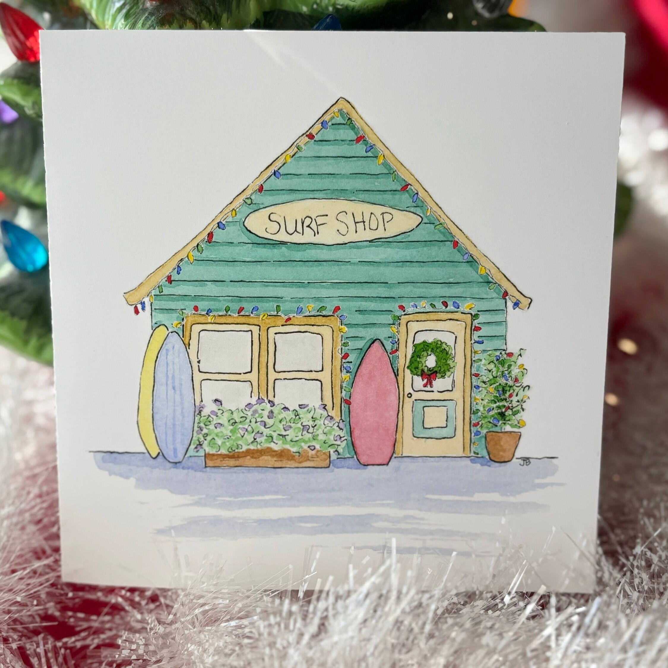 Christmas Watercolor Print | Holiday Surf Shop Painting | Surfboard Art ...