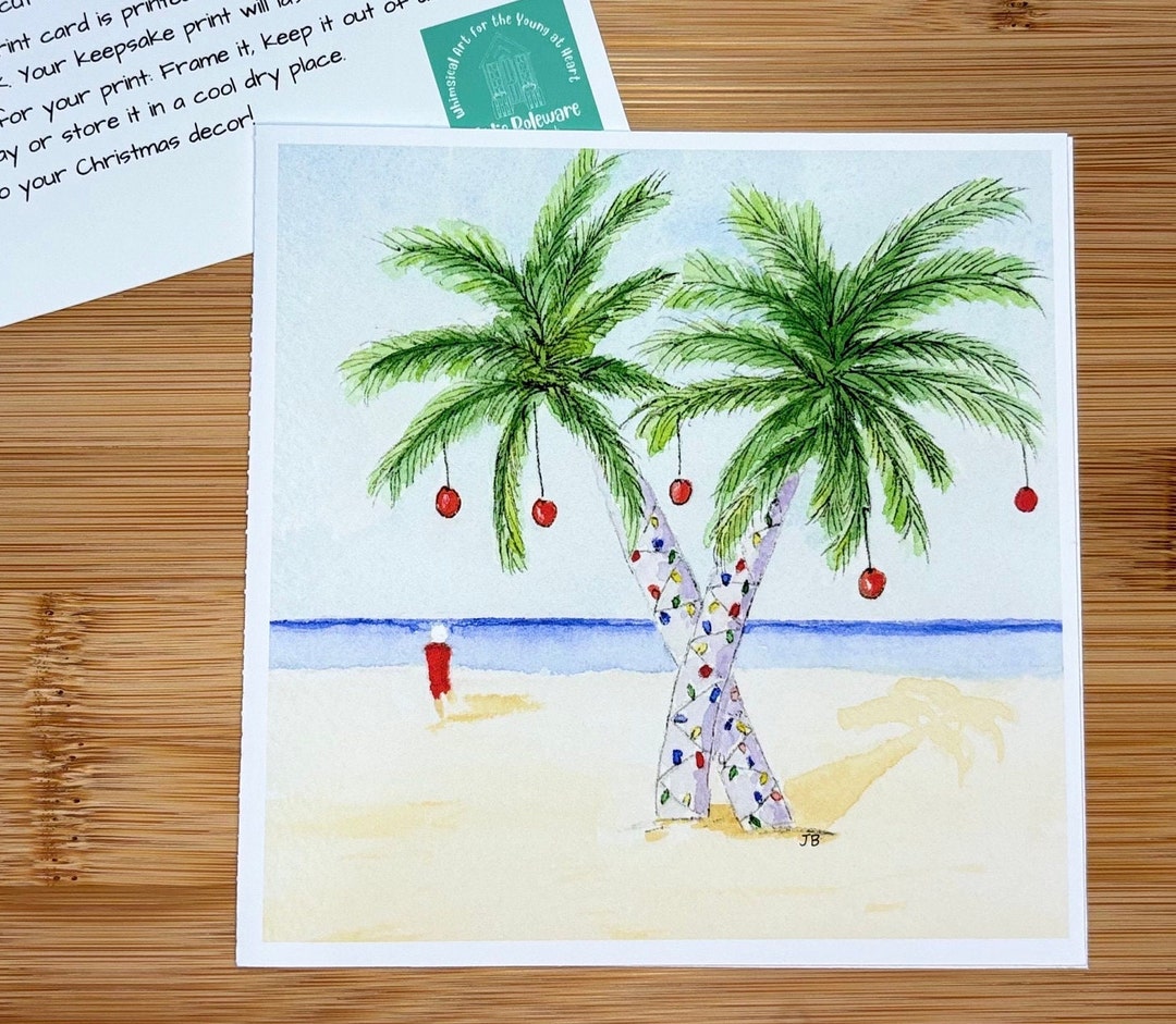 Santa on Beach Christmas Frameable Art Print Card 5x5 With Envelope ...