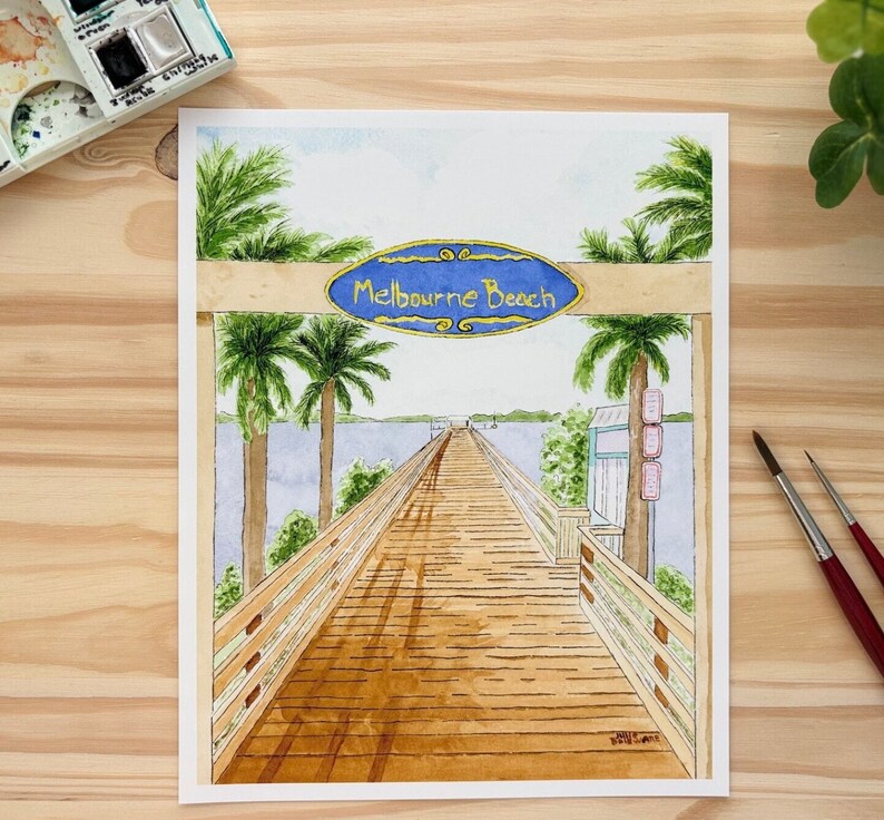 Melbourne Beach Pier Archival Giclee Watercolor and Ink Print 5x7 8x10 ...