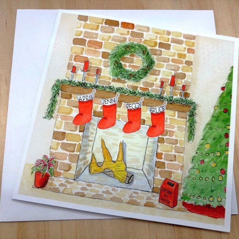 Stockings on Fireplace Art Print Personalized Christmas Card - Etsy