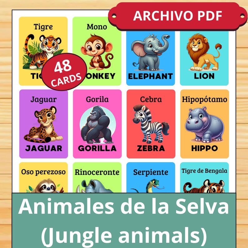 Flashcards ANIMALS OF THE JUNGLE drawings 48 Montessori Cards ...