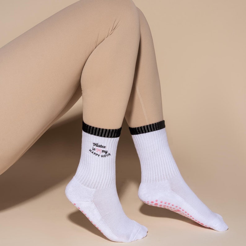 Pilates Happy Hour Embroidered Grip Socks L Non-slip Grip for Pilates ...