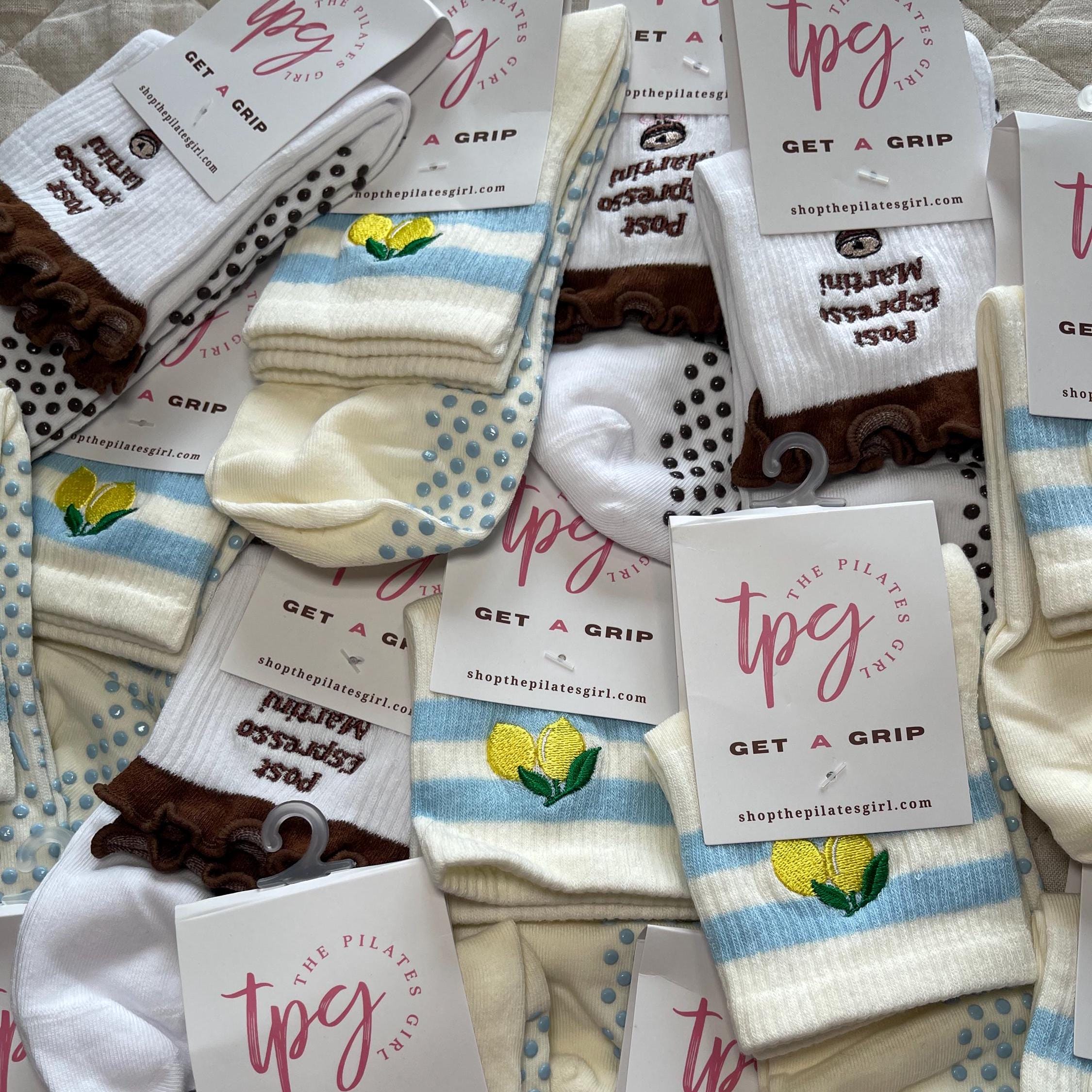 Espresso Martini Embroidered Grip Socks L Non-slip Grip for Pilates ...