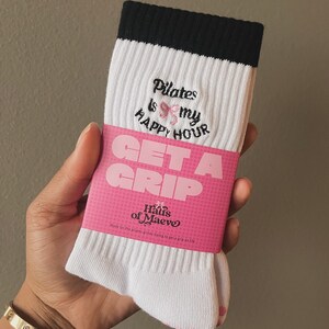 Pilates Happy Hour Embroidered Grip Socks L Non-slip Grip for Pilates ...