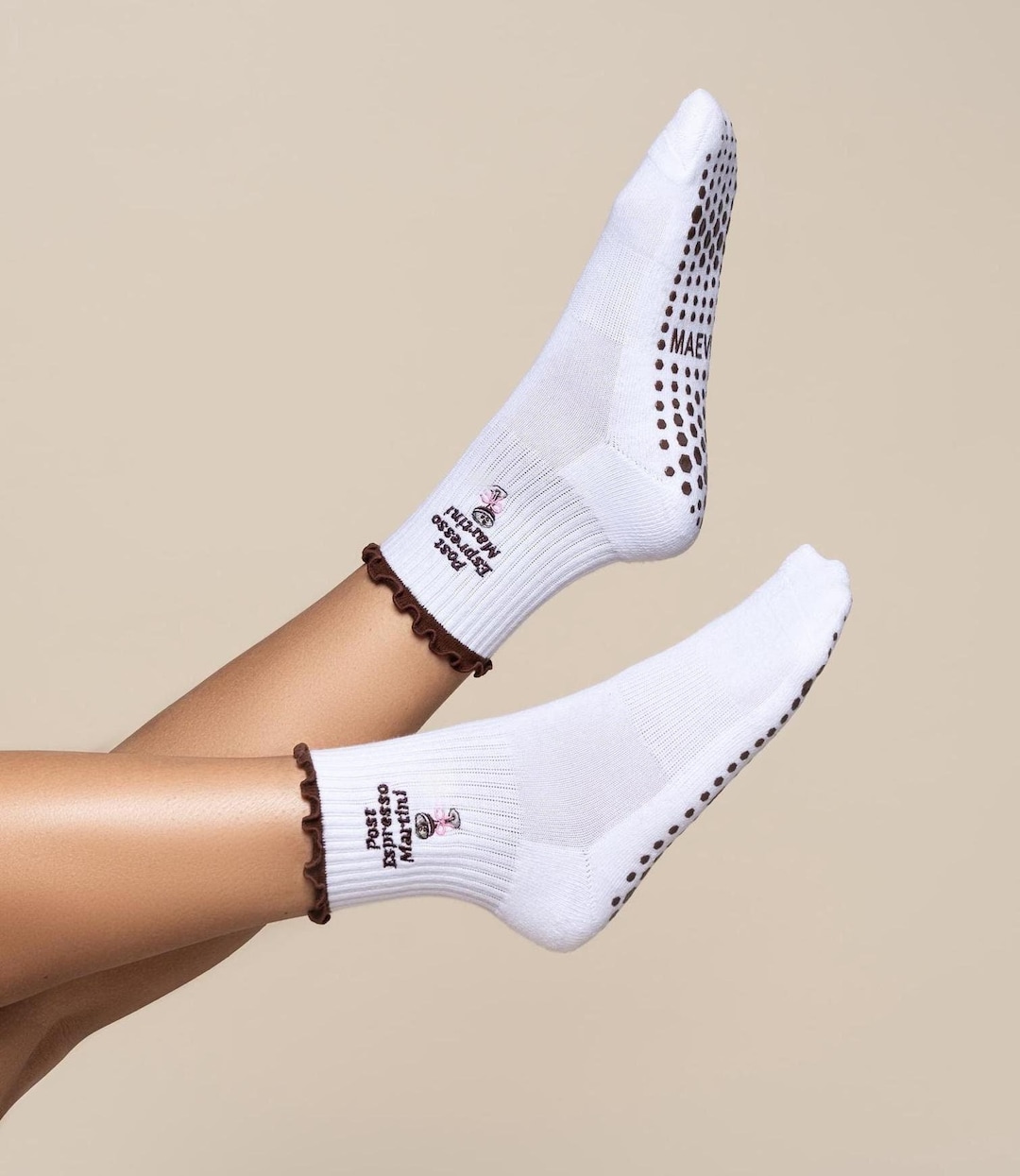 Espresso Martini Embroidered Grip Socks L Non-slip Grip for Pilates ...